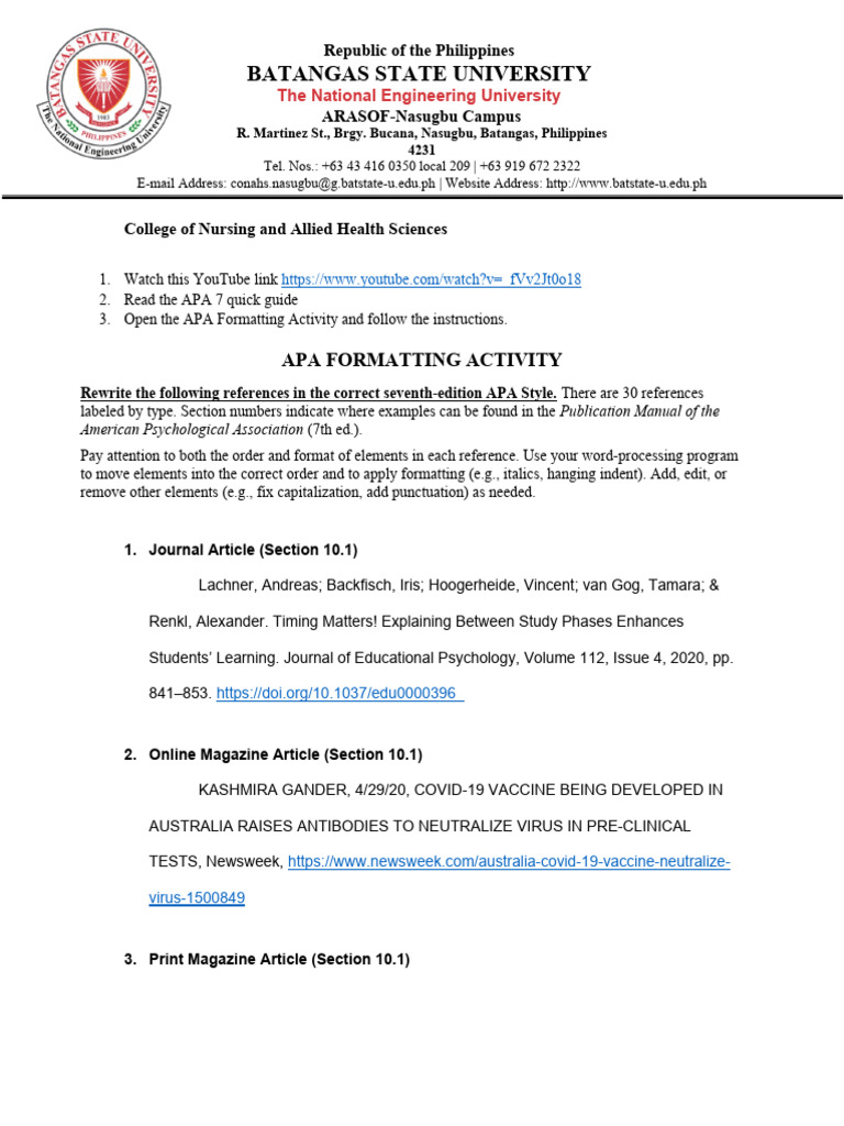 Apa Formatting Activity | PDF | Apa Style | American Psychological Association