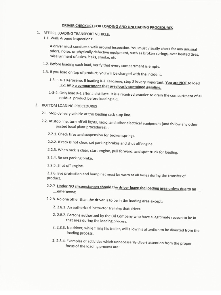 Driver Check List For Loading - Unloading Trucks - EC | PDF