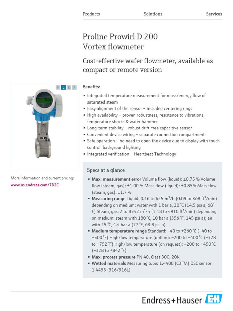Endress-Hauser Proline Prowirl D 200 7D2C EN | Download Free PDF | Flow Measurement | Sensor