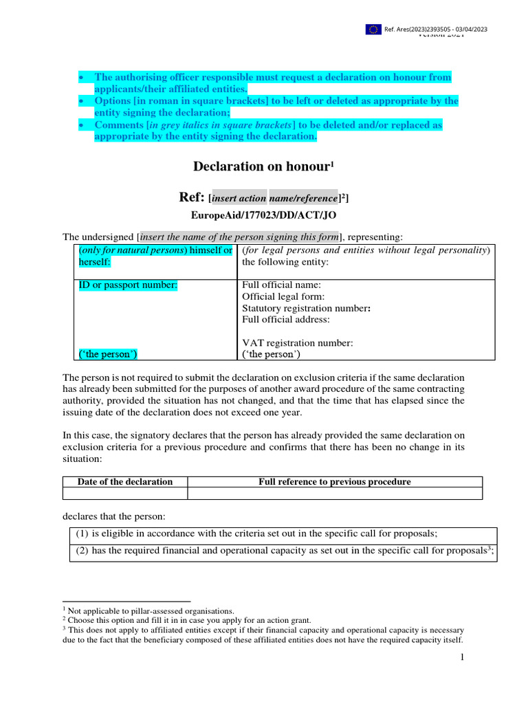 Annex H - Declaration on Honour on Exclusion and Selection (en) | PDF | Bankruptcy | European Union