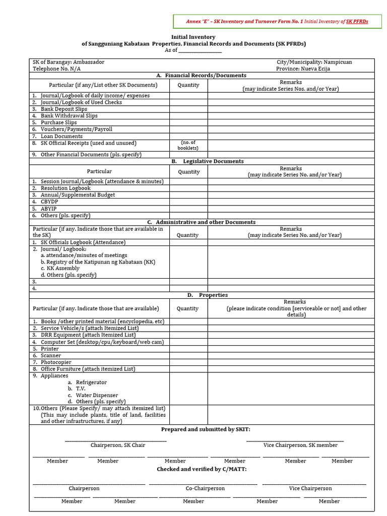 Annex e Initial Inventory of SK Pfrds SK Inventory and Turnover Form No ...