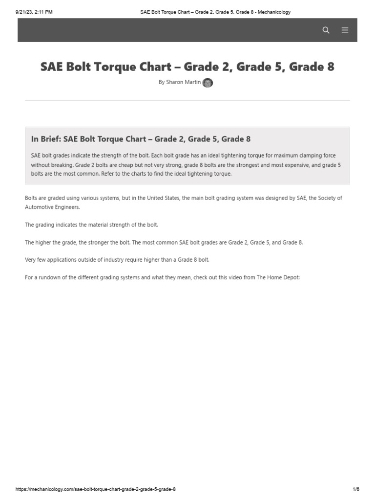SAE Bolt Torque Chart - Grade 2, Grade 5, Grade 8 - Mechanicology | PDF ...