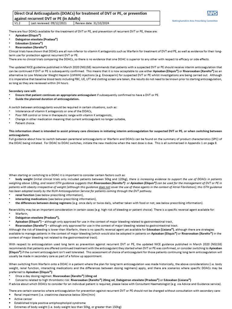 Direct Oral Anticoagulants Doacs For Treatment Of Dvt Pdf Clinical Medicine Medical
