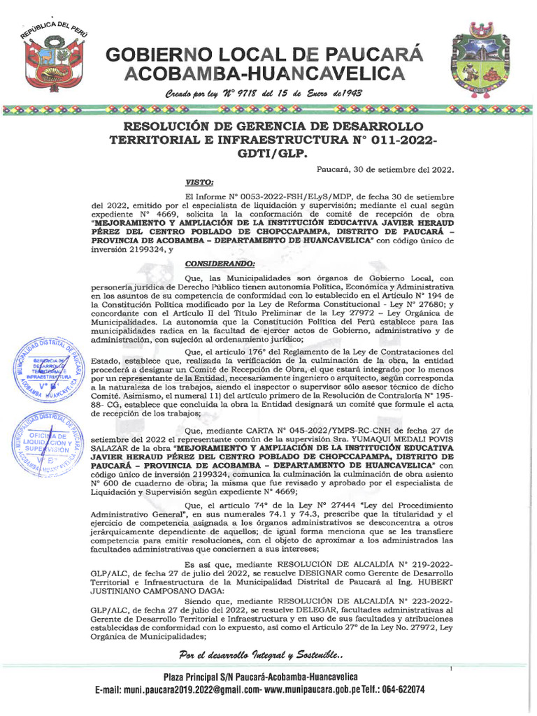 RESOLUCION DEL COMITE DE RECEPCION | PDF