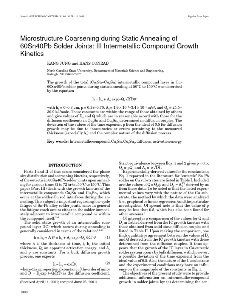 Bi Coarsening, IMC Growth Kinetics, 60Sn40Pb | PDF | Solder | Diffusion