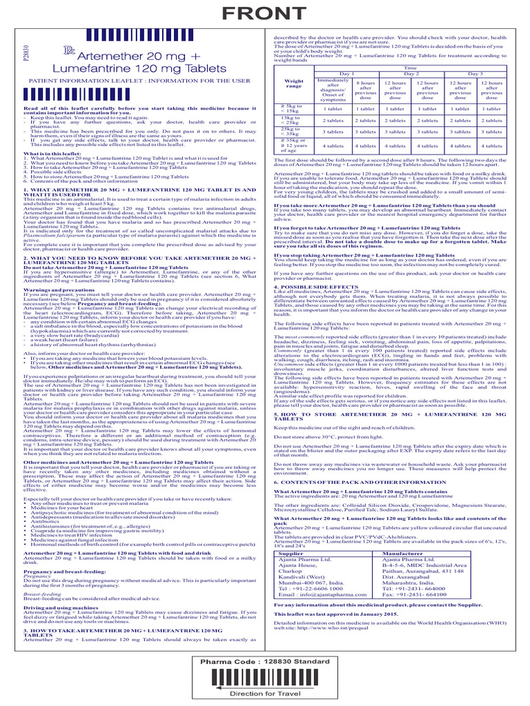 Artefan 20 120 Artemether 20mg and Lumefantrine120mg Dispersible ...