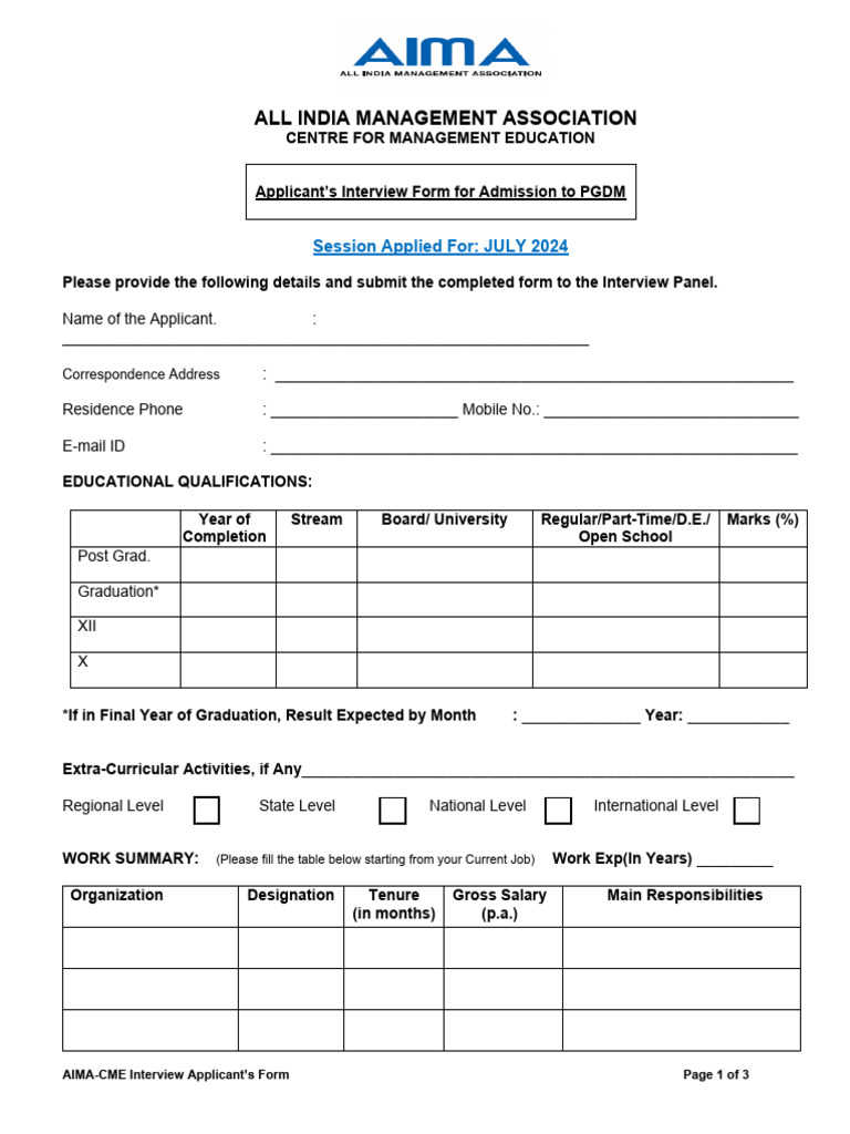 AIMA PGDM Admission Interview Form | PDF | Master Of Business ...