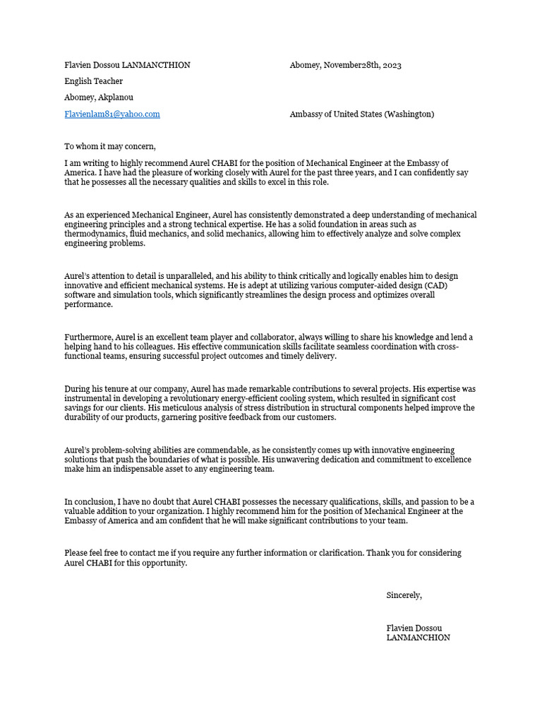 Letter of Recommendation | PDF | Mechanical Engineering | Engineering