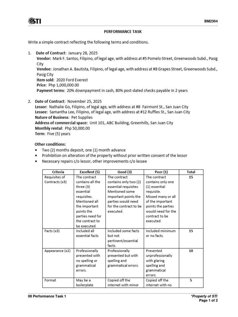 08 Performance Task 1 | PDF | Lease | Private Law 08 Performance Task 1 | PDF | Lease | Private Law