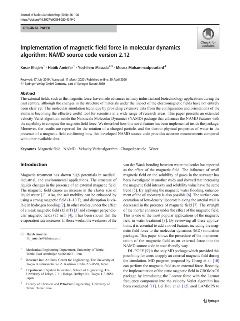 Implementation of Magnetic Field Force in Molecular Dynamics Algorithm: NAMD Source Code Version ...