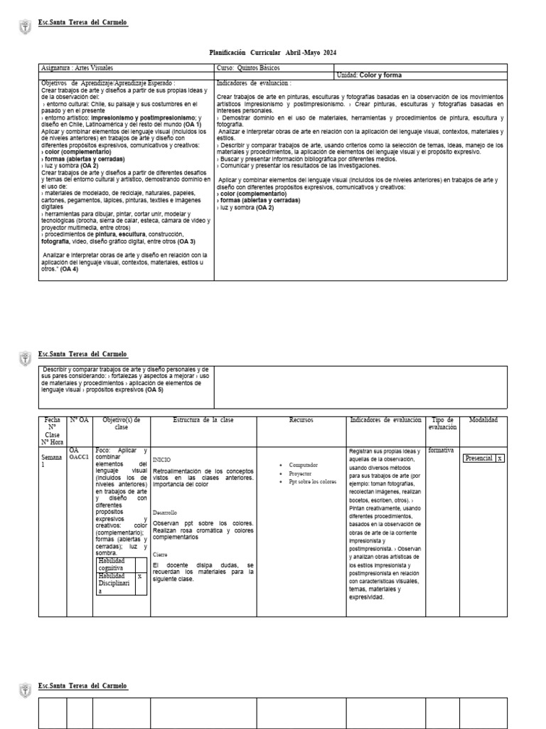 Planificación 5 Básicos Artes | PDF | Diseño | Escultura