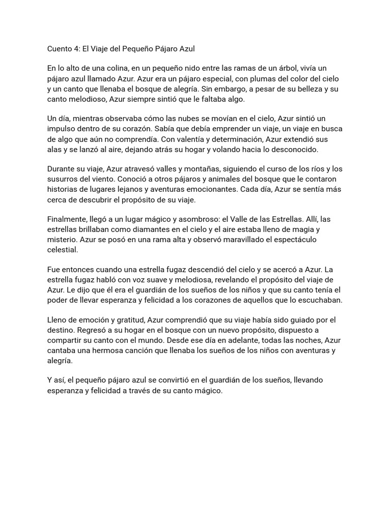 Cuento 4 - El Viaje Del Pequeño Pájaro Azul | PDF