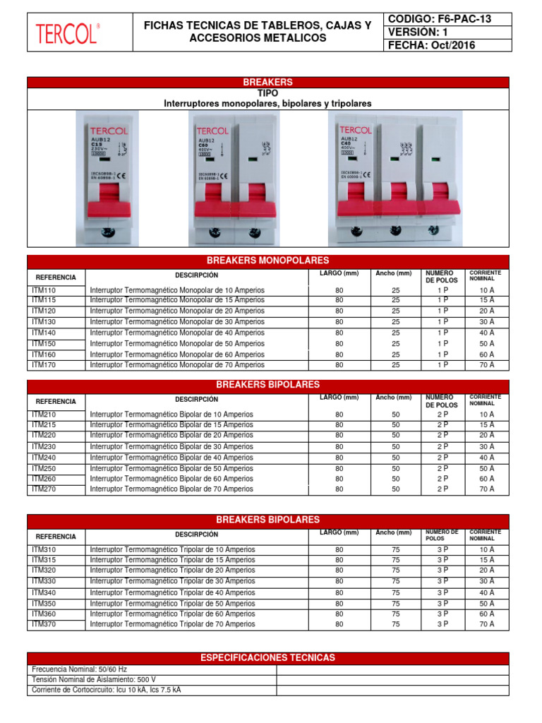 Ficha Tecnica Breakers | PDF | Poder (Física) | Energia electrica