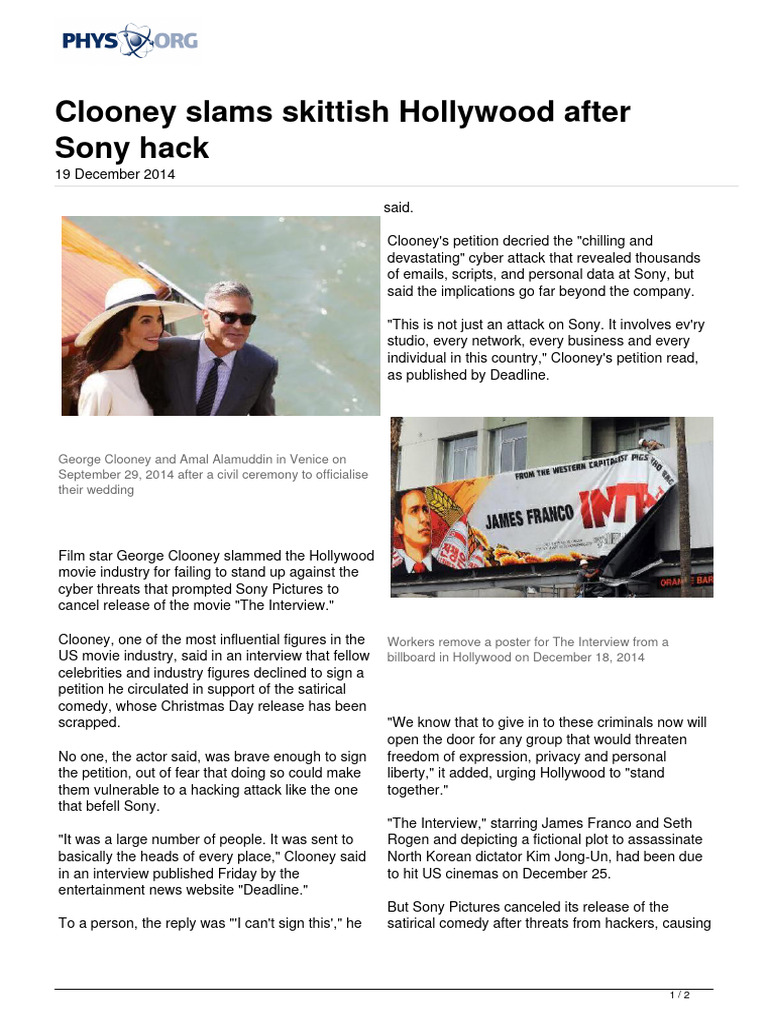 2014 12 Clooney Slams Skittish Hollywood Sony | PDF