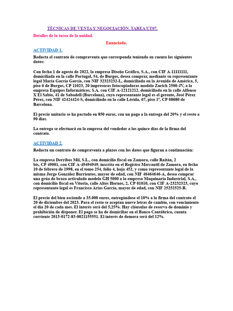 Técnicas de Venta y Negociación. Tarea Ut07. | PDF