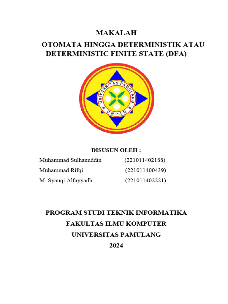 MAKALAH Otomata Hingga Deterministik Atau Deterministic Finite State (DFA) | PDF