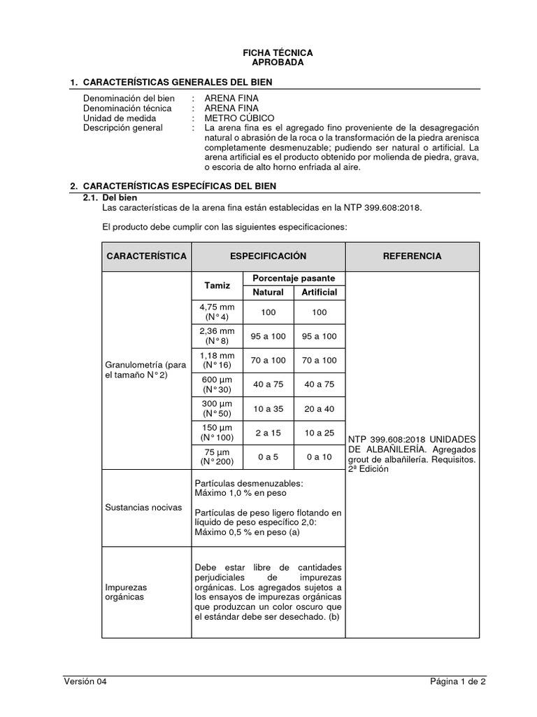 Especificaciones de Arena Fina NTP 399.608 | PDF | Arena | Materiales