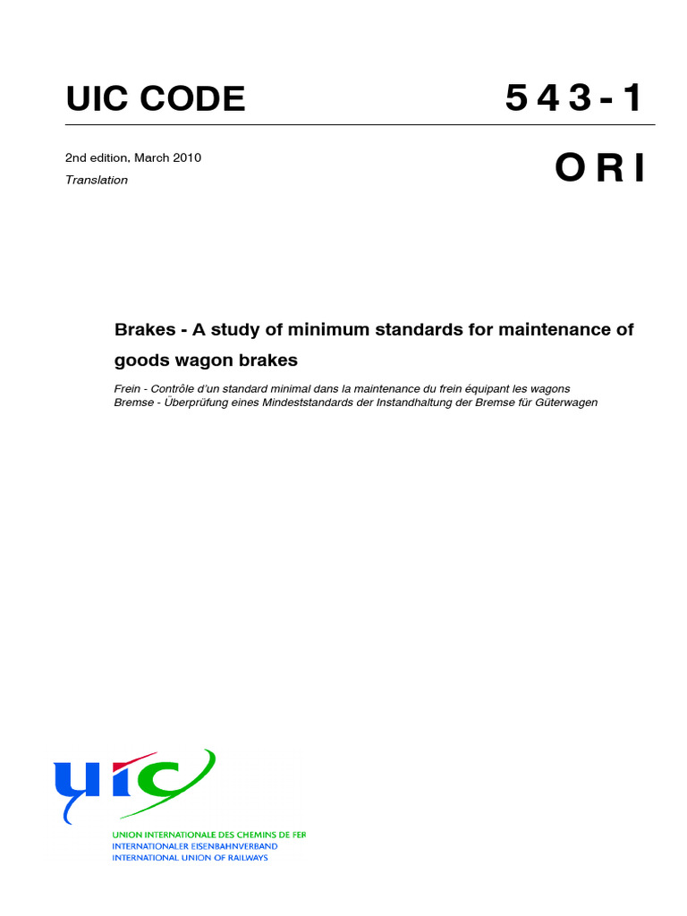 UIC 543-1 Brakes. Minimum Standards For Maintenance of Wagon Brakes | PDF | Brake