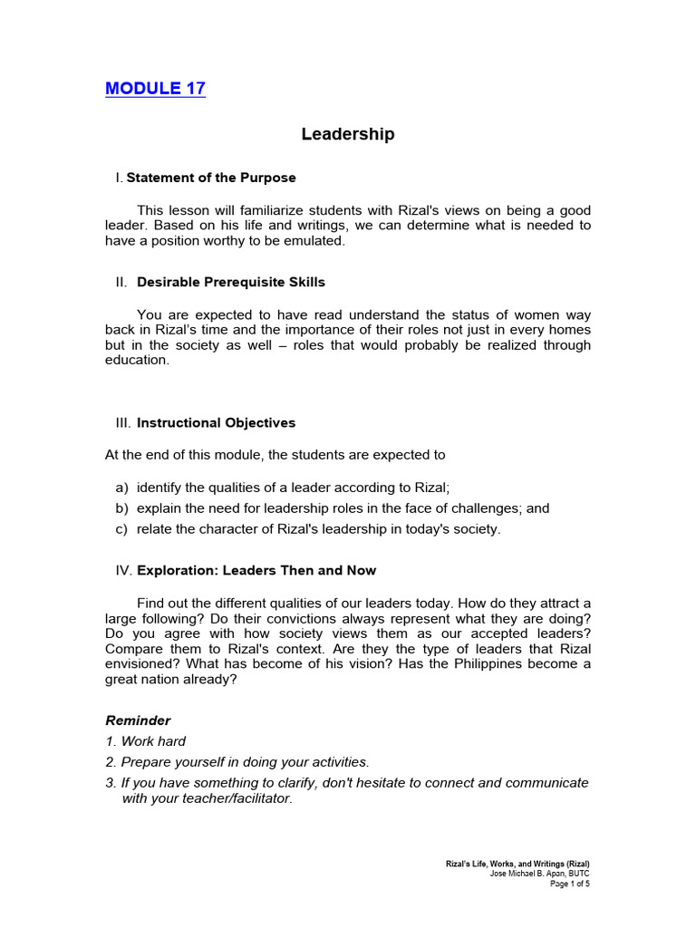 Rizal Module 17 Leadership | PDF | Leadership | Science
