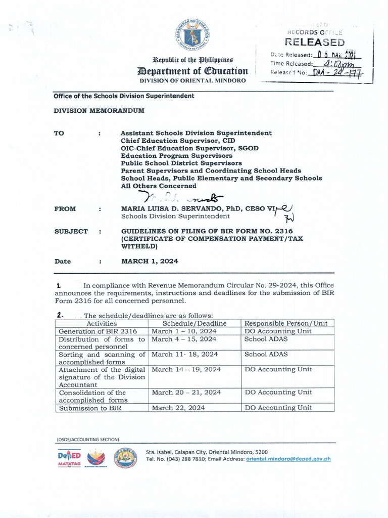DM - Guidelines On Filing of BIR Form No. 2316 Certificate of ...