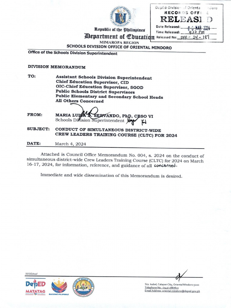 DM Conduct of Simultaneous District Wide Crew Leaders Training Course ...