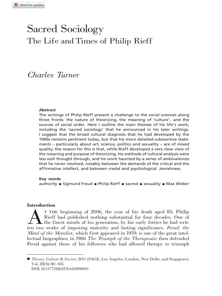 Turner 2011 Sacred Sociology The Life and Times of Philip Rieff | PDF ...