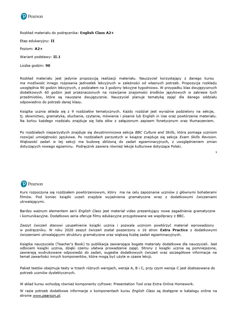 Rozklad English Class A2plusRefresher 90h 2021 | PDF