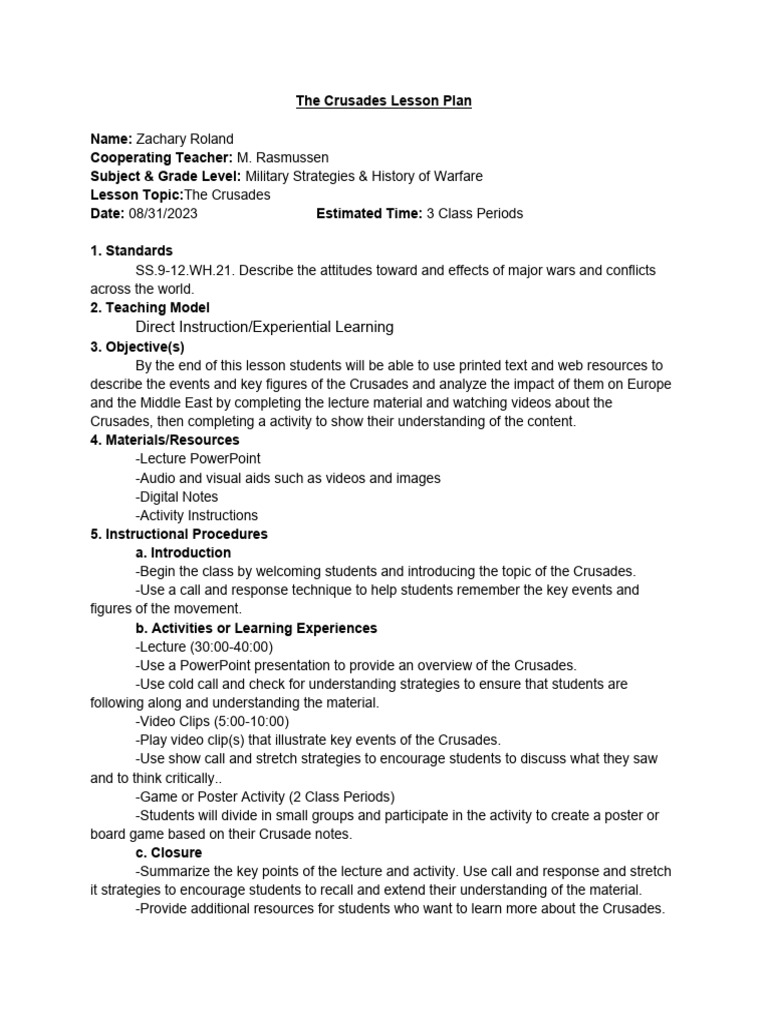 The Crusades Lesson Plan | Download Free PDF | Lesson Plan | Lecture