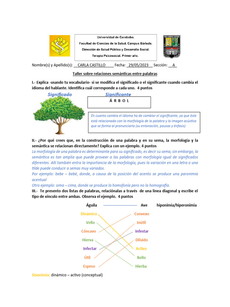 Taller Sobre Semántica - Carla Castillo TPS 1A | PDF | Lingüística ...