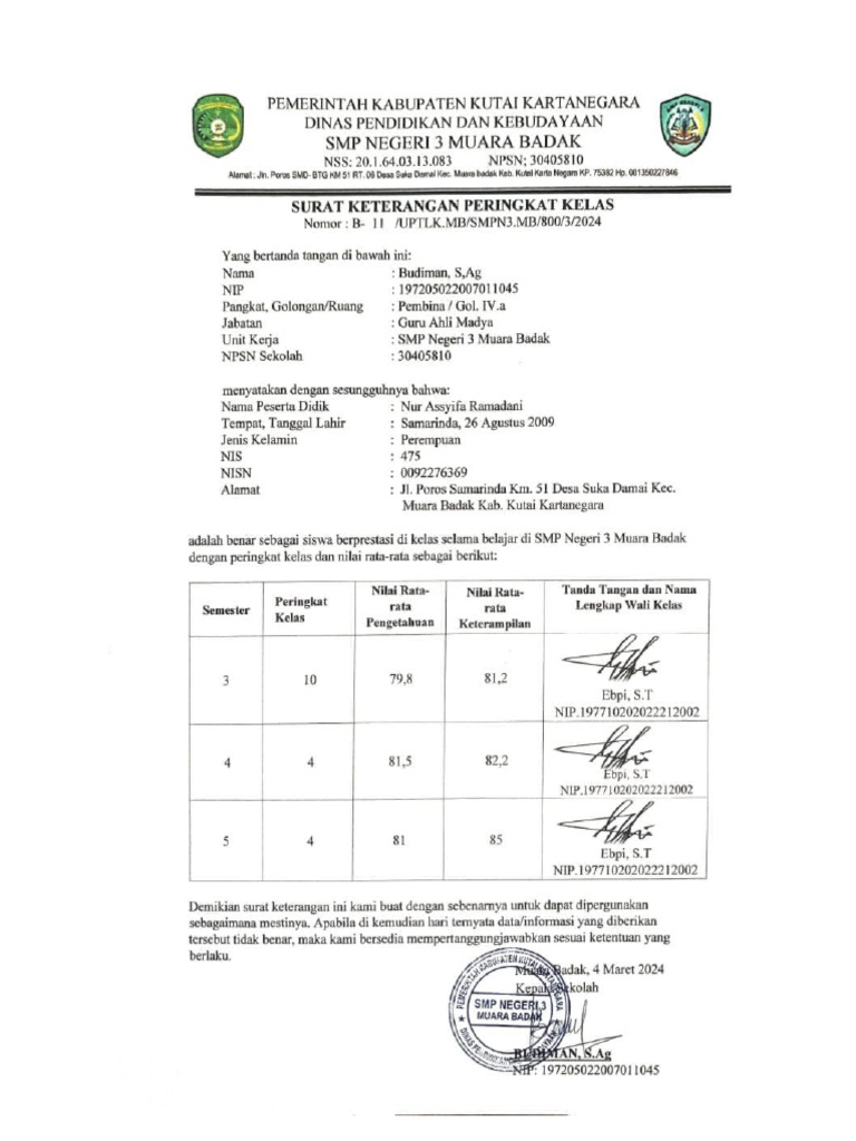 Surat Ket. Peringkat Syifa | PDF