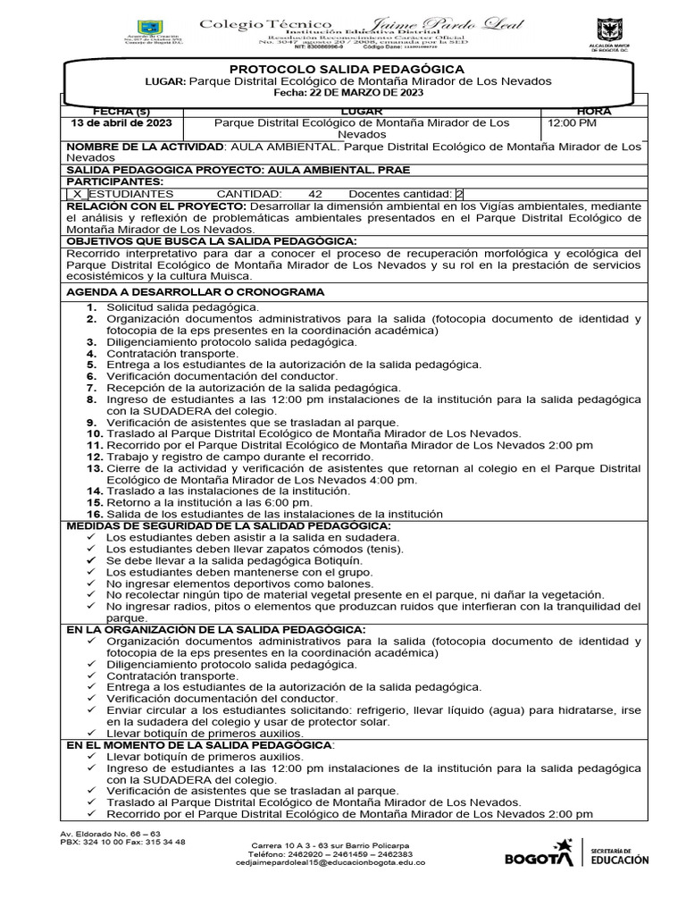 Protocolo Salida Pedagógica. 1 Prae. | PDF