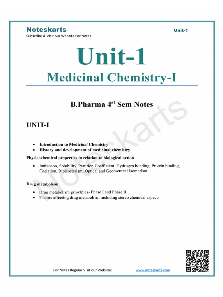 UNIT 1 B.Pharma 4th Sem Medicinal Chemistry 1 by Noteskarts | PDF