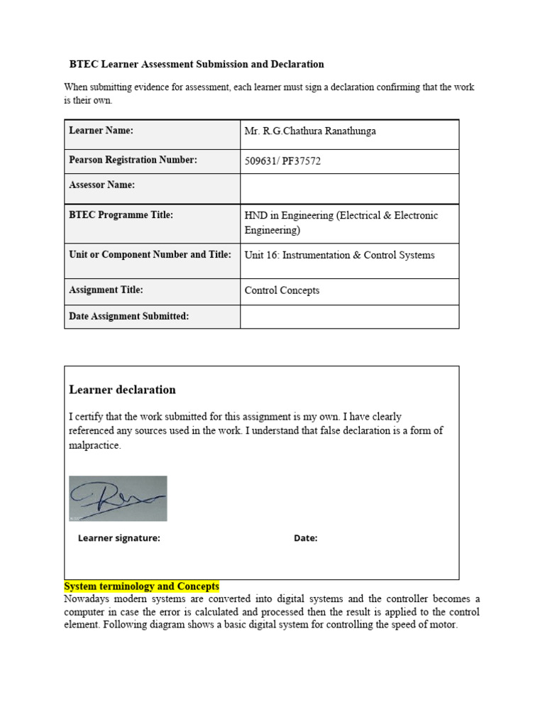 BTEC HND Engineering Assessment Guide | PDF | Control Theory | Feedback