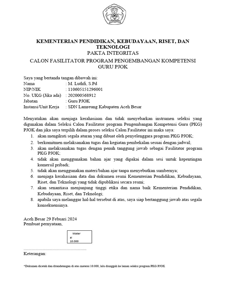 Pakta Intergritas PPKG Pjok 2024 | PDF