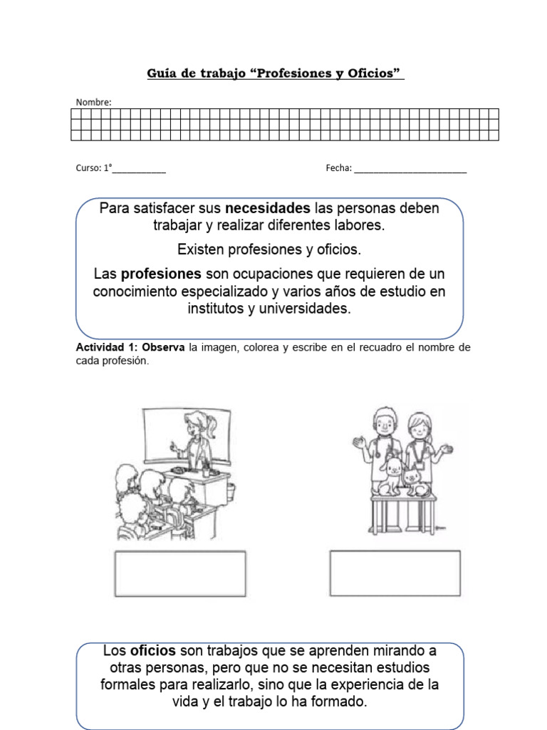 Guía de Trabajo Profesiones y Oficios | PDF