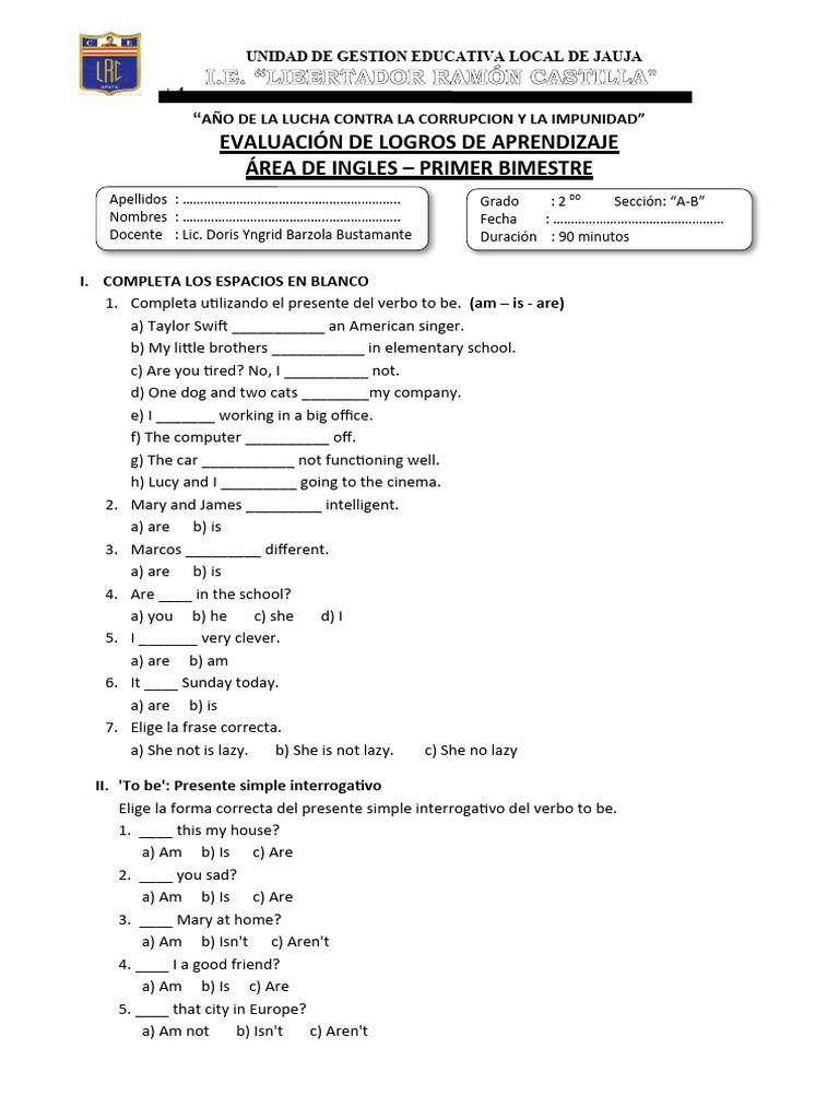 EVALUACIÓN DE LOGROS DE APRENDIZAJE de 2DO INGLES | PDF