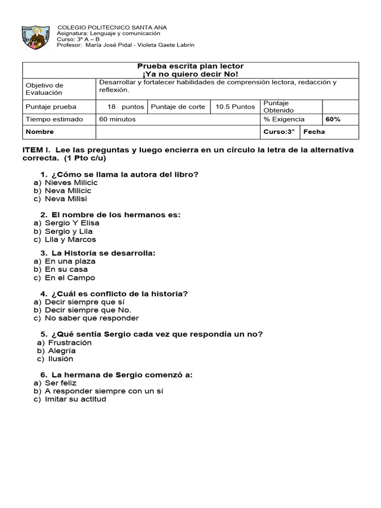 Prueba Plan Lector 3°Básico | PDF