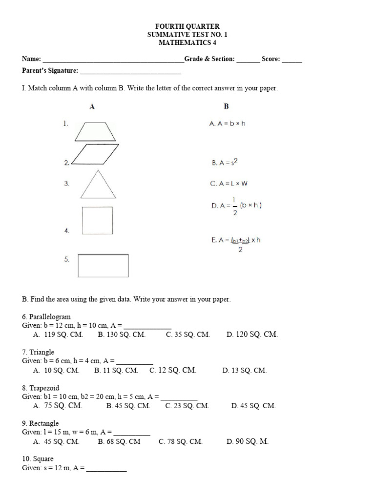 Math 4 Area Calculation Test | PDF