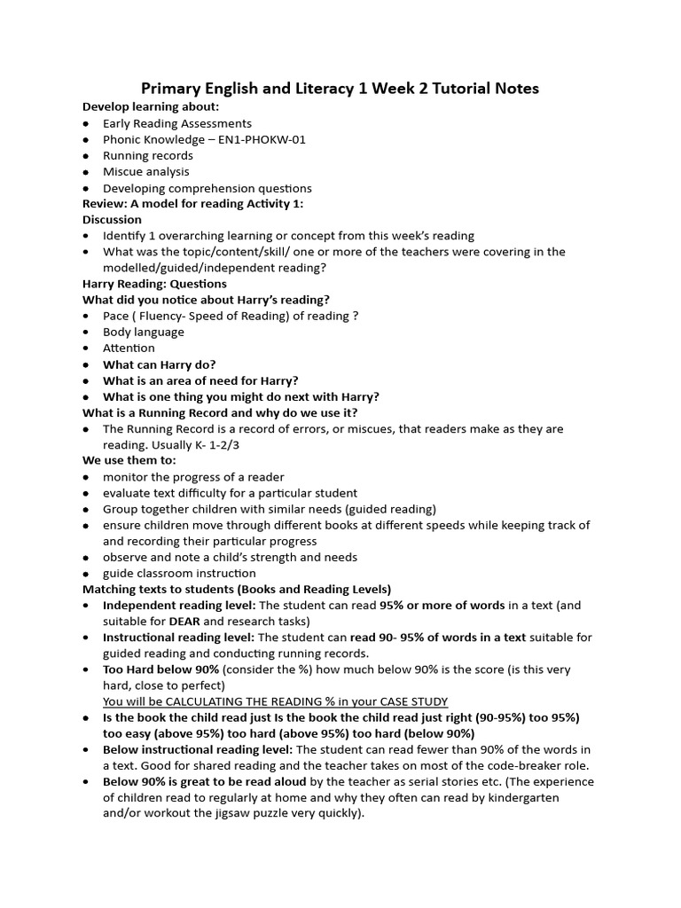 Primary English and Literacy 1 Week 2 Tutorial Notes | PDF | Reading ...
