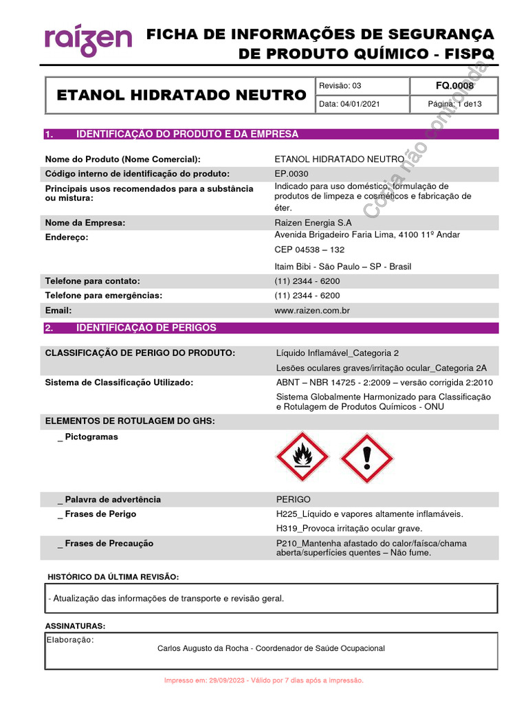 Fispq - Raízen - Etanol Hidratado Neutro | PDF | Incêndios | Dor