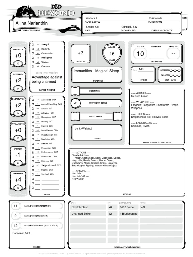 D&D Character Sheet: Allina Narlanthin | PDF | Gary Gygax Games | D20 ...