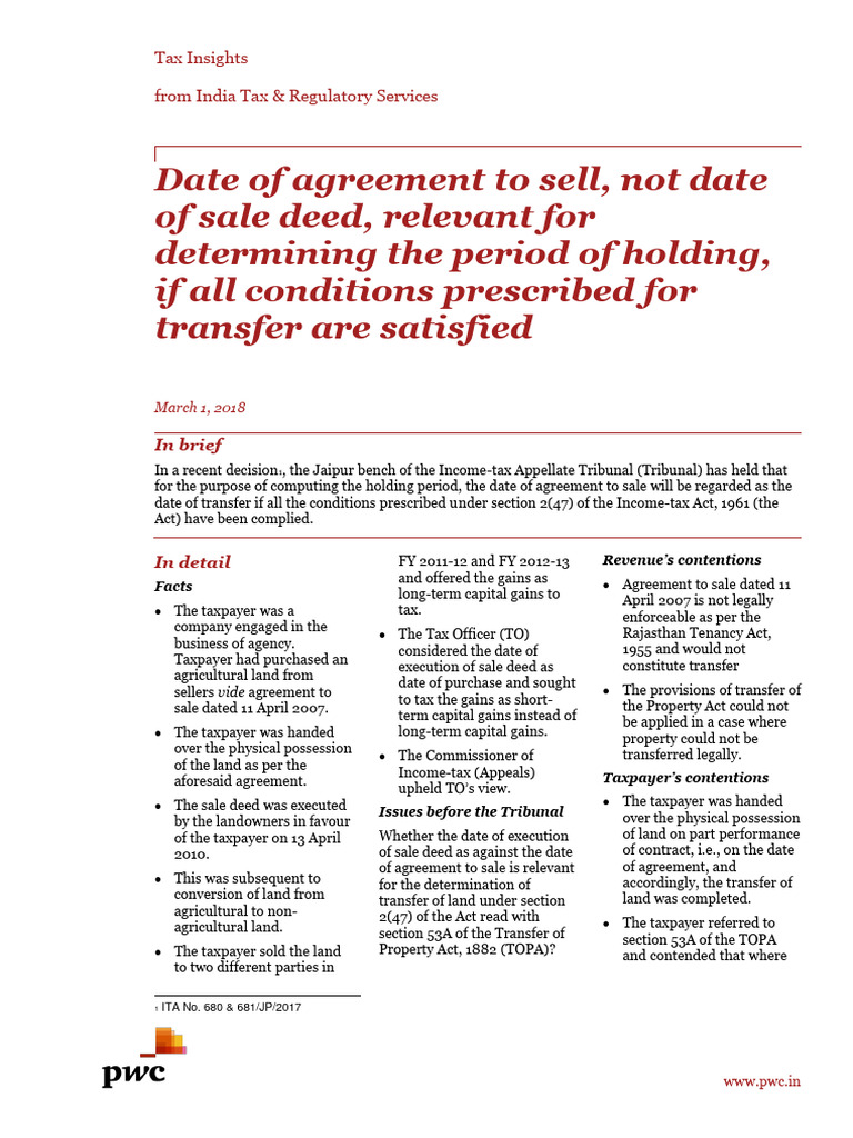 PWC News Alert 1 March 2018 Date of Agreement To Sale Not Date of Sale ...
