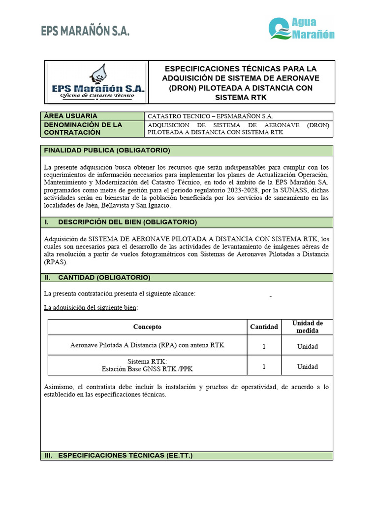 Especificaciones Tecnicas N°001-Ct-Eps Marañon - Dron y GPS Diferencial - 2 | PDF | Vehículo ...