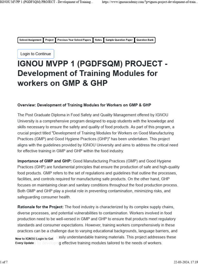 IGNOU MVPP 1 (PGDFSQM) PROJECT - Development of Training Modules For Workers On GMP & GHP | PDF ...