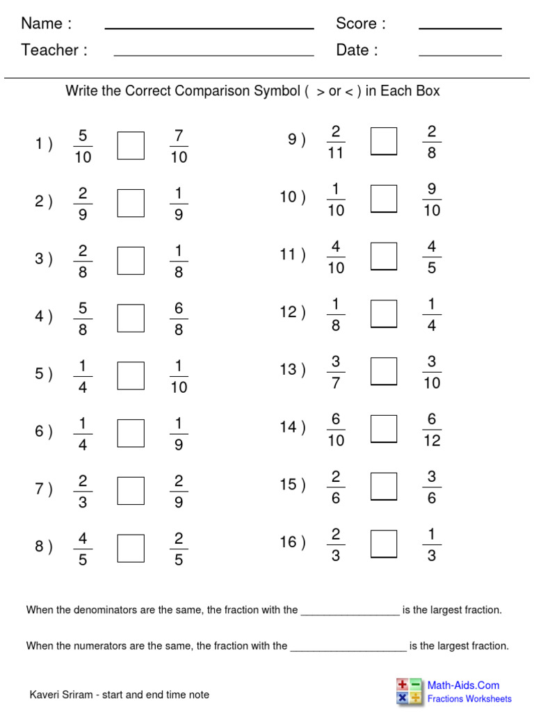 Comparing Fractions Worksheet | PDF | Arithmetic | Algebra