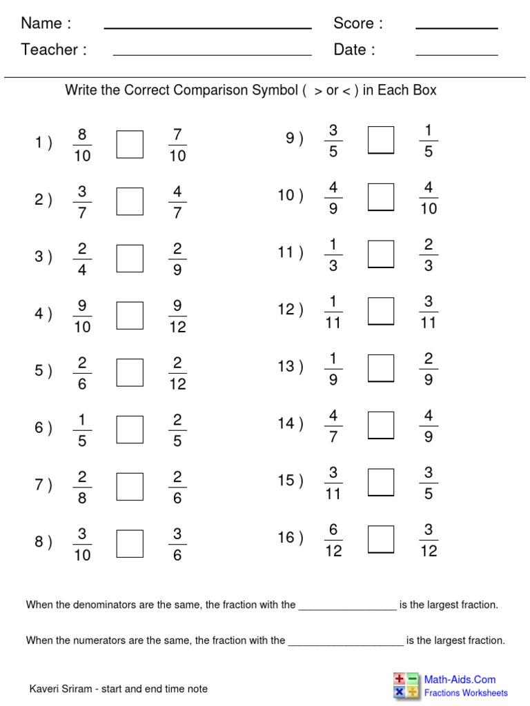 Fractions Comparing Denom Num | PDF | Arithmetic | Algebra