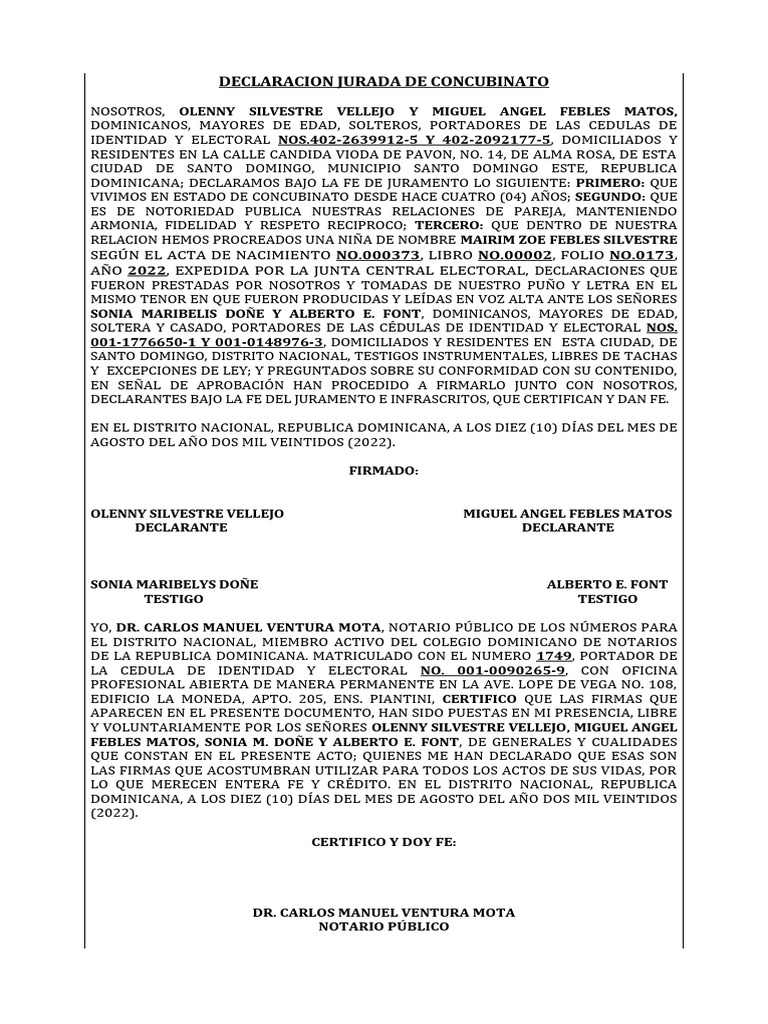 Declaracion Jurada Concubinato Miguel Angel Febles y Olenny Silvestre ...