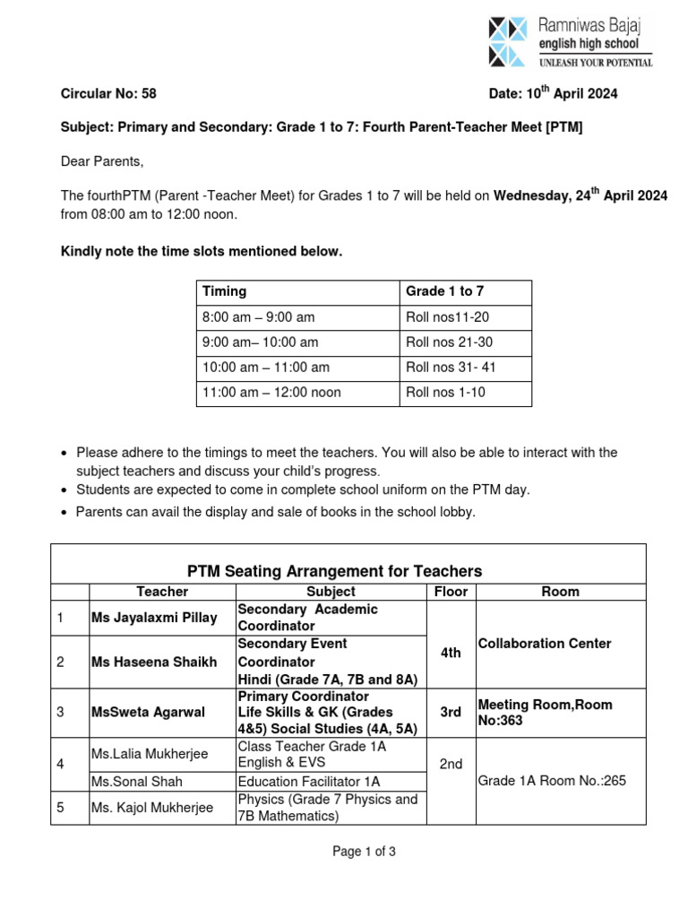 Grades 1-7: April 2024 PTM Schedule | PDF | Science