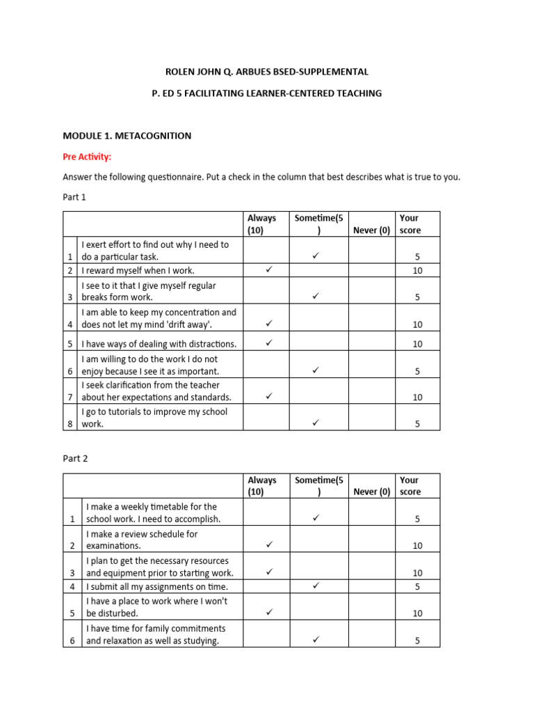 Metacognition Questionnaire for Students | PDF | Cognition | Human Communication