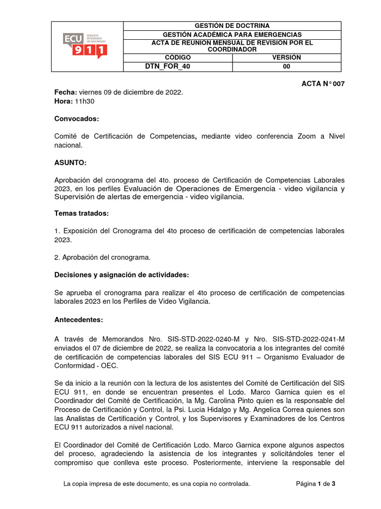 007 - Acta Reunión Comité Oec - 09-12-2022 - 4to Proceso 2023 | PDF ...